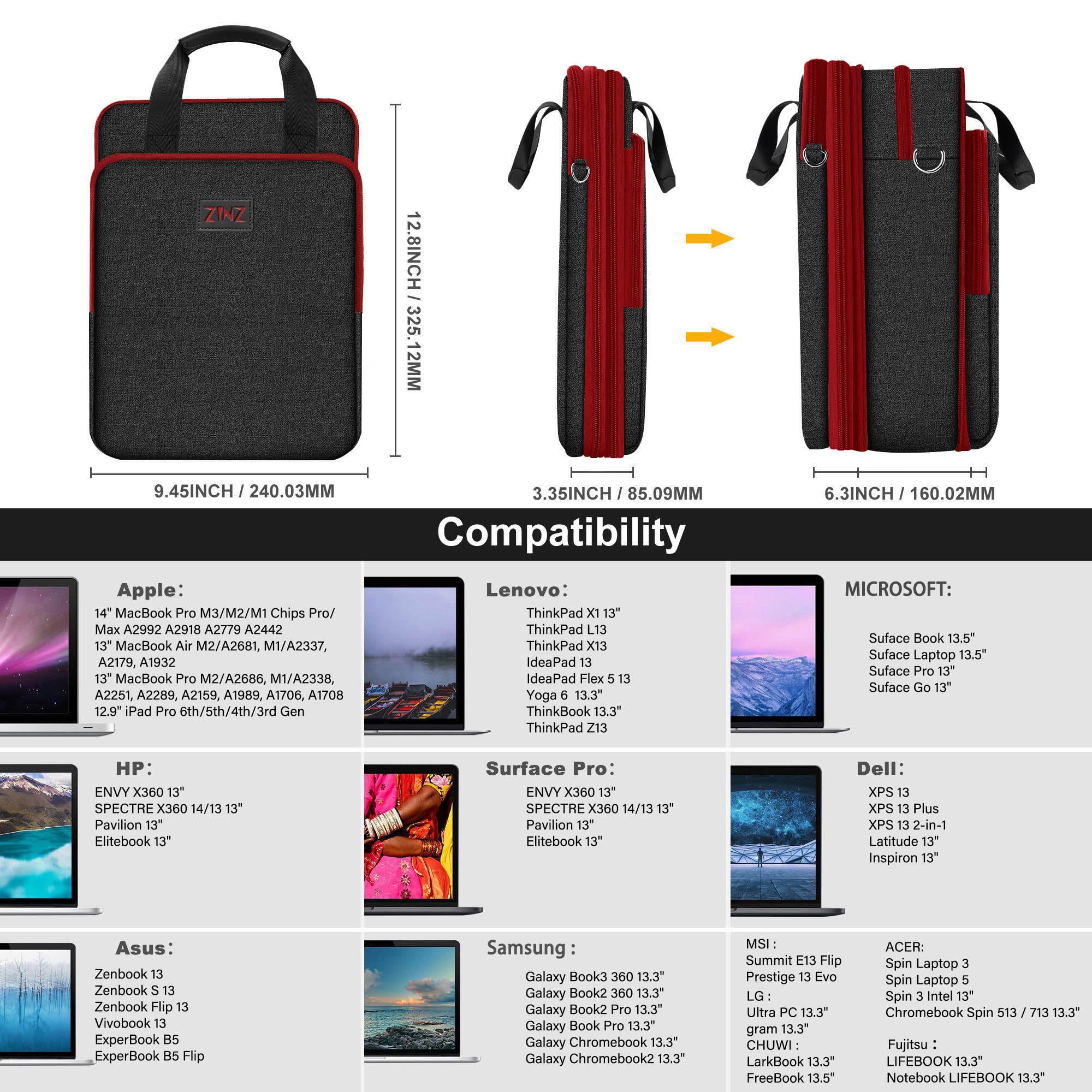 ZINZ Slim & Expandable Case 12.9 13 inch Travel Laptop Shoulder Bag for MacBook Air 13" M3/M2/M1, MacBook Pro 13" M2/M1, iPad Pro 12.9"/13"/11", iPad Air 13",B01K02
