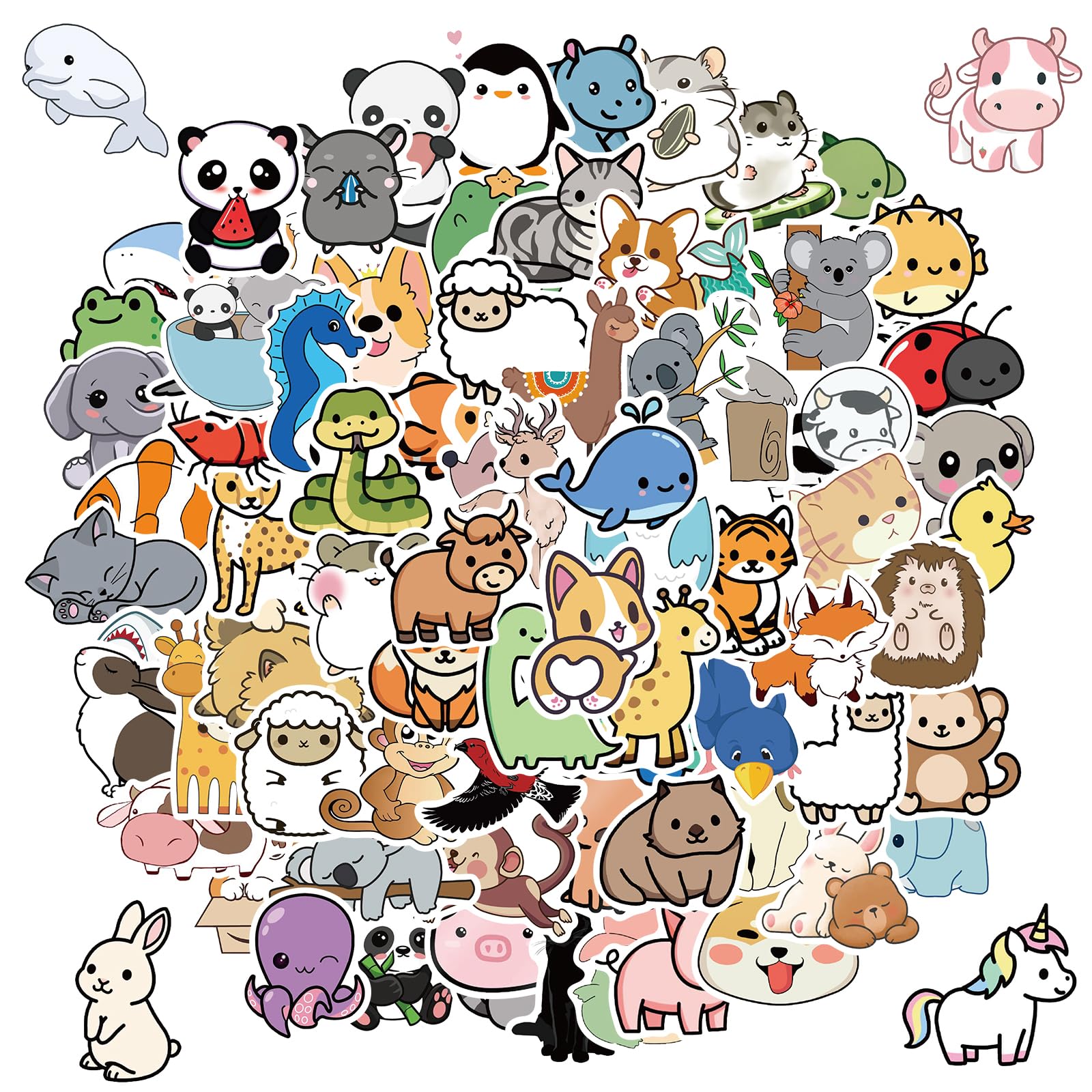100pcs Cute Animal Stickers for Water Bottle， Waterproof Vinyl Kawaii Stickers for Laptop Phone Skateboard, Cute Animal Decals Christmas Gifts for Kids Teens Girls Boys