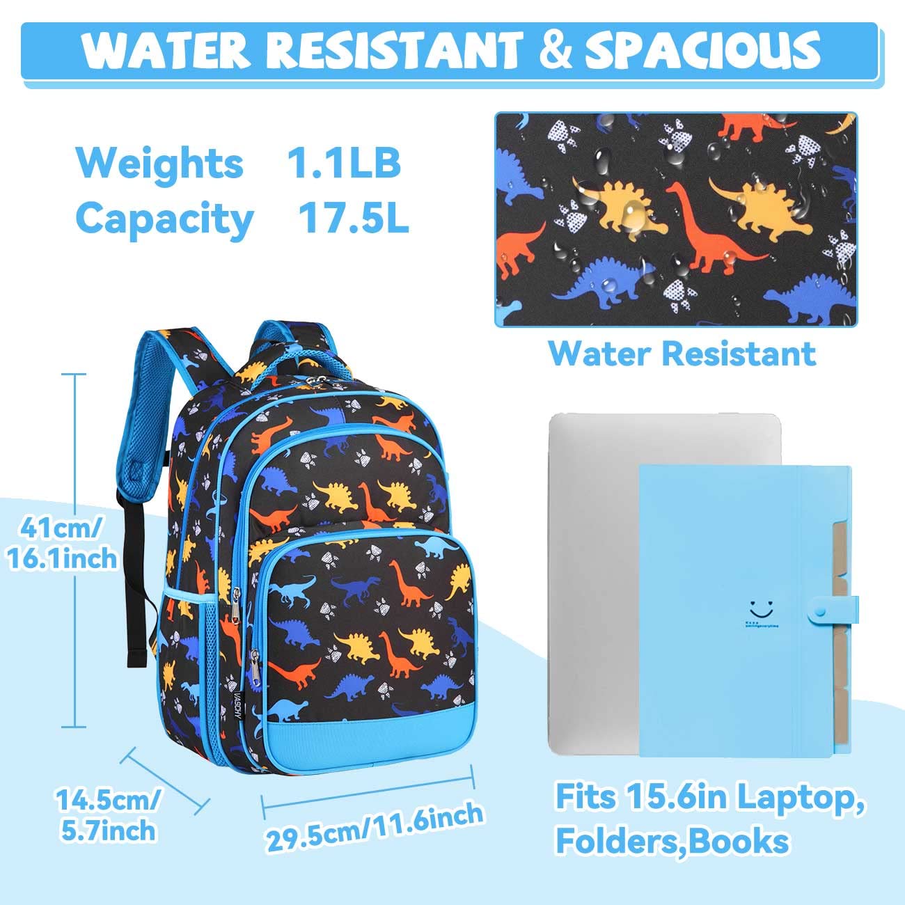 VASCHY School Backpack for Boys, 16in Water Resistant Backpack for Kids Preschool/Primary/Elementary School Bookbag with Tablet Sleeve Black Dino