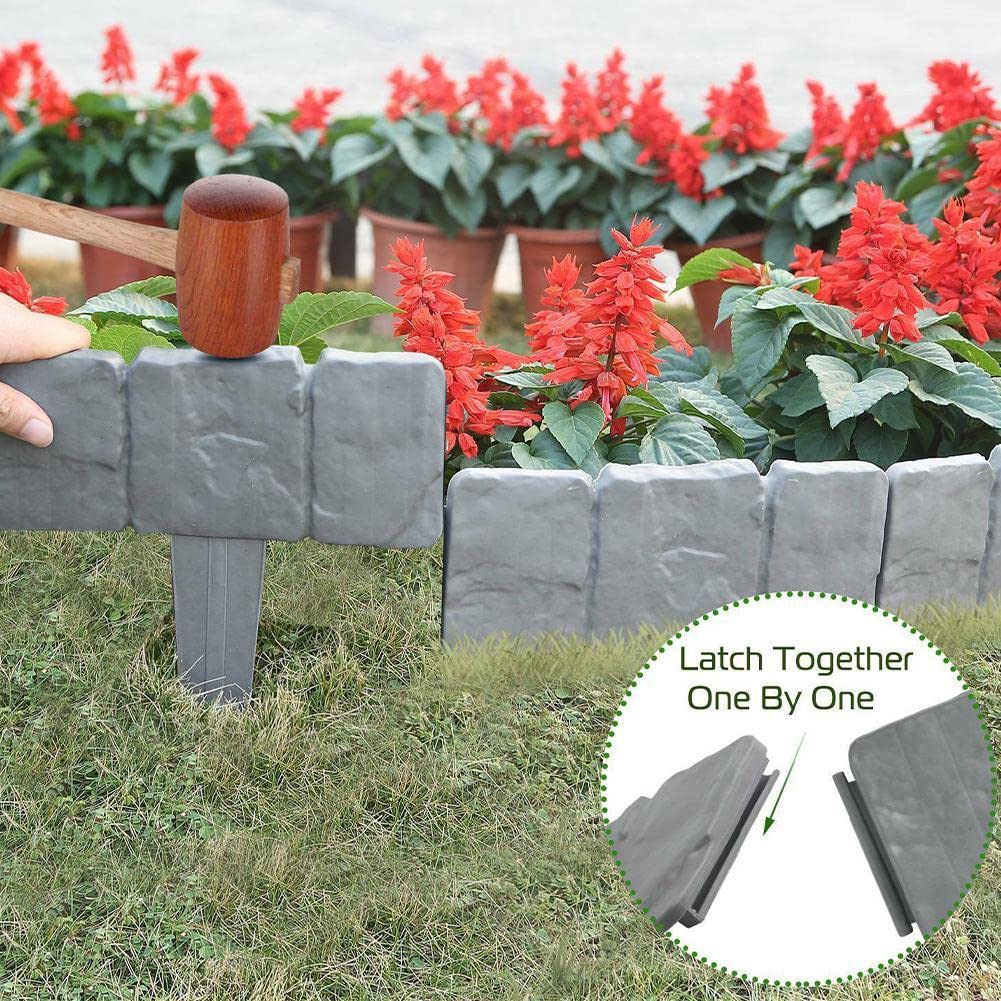 20 pcs Stone Effect Plastic Palisade Fence, Garden Border Edging Gray Stones Effect Fence in Lawn Edging Plant Border Garden Landscape Edging (Black)