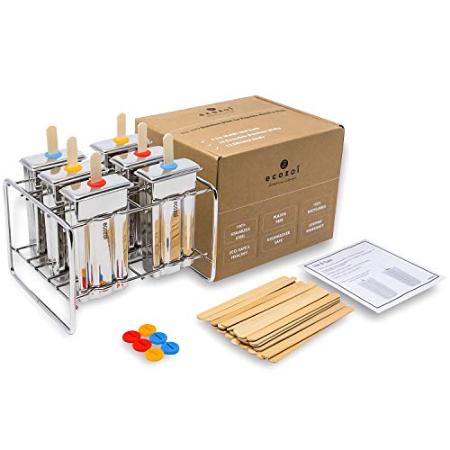 Ecozoi Stainless Steel Popsicle Molds and Rack - 6 Square Ice Pop Makers + 30 Reusable Bamboo Sticks + 12 Silicone Seals + 1 Cleaning Brush +1 Rack