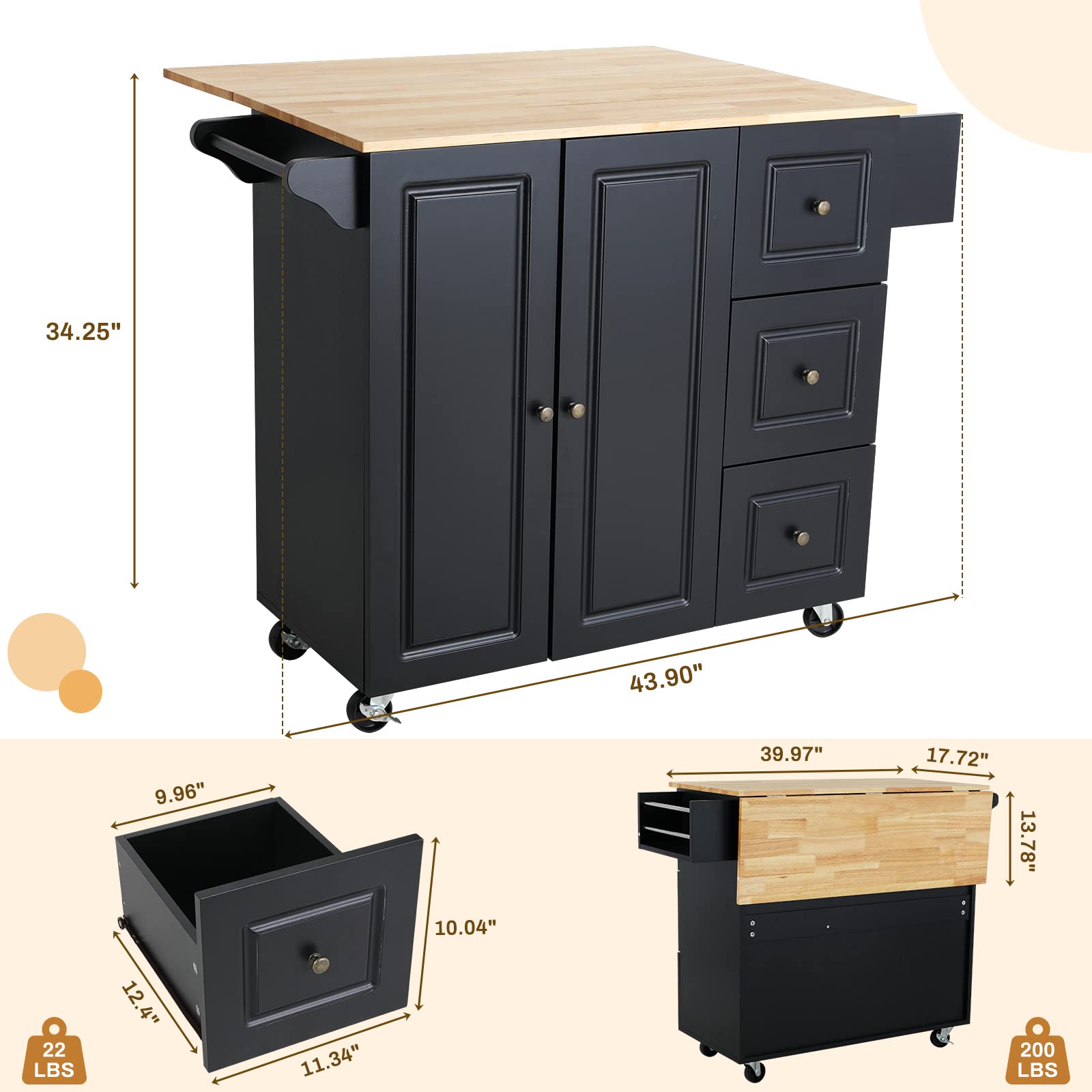Kitchen Island with Storage,Kitchen Island on Wheels,Island Table for Kitchen,Rolling Kitchen Island,Kitchen Island Cart with Spice Rack, Towel Rack & Drawer, Expandable Top Large Kitchen Trolley Cart