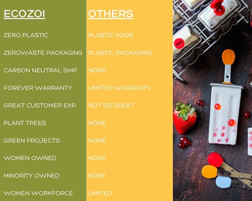 Ecozoi Stainless Steel Popsicle Molds and Rack - 6 Square Ice Pop Makers + 30 Reusable Bamboo Sticks + 12 Silicone Seals + 1 Cleaning Brush +1 Rack