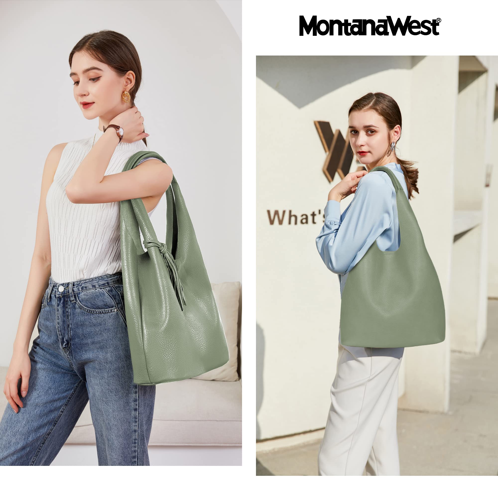 Montana West Hobo Purses and Handbags for Women Vegan Leather Shoulder Bag Top Handle Purse Set 2 pcs with Tassel MWC2-079LGN