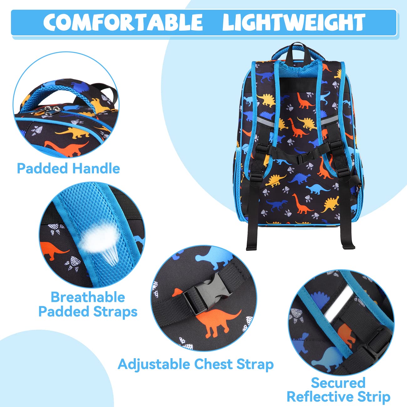 VASCHY School Backpack for Boys, 16in Water Resistant Backpack for Kids Preschool/Primary/Elementary School Bookbag with Tablet Sleeve Black Dino