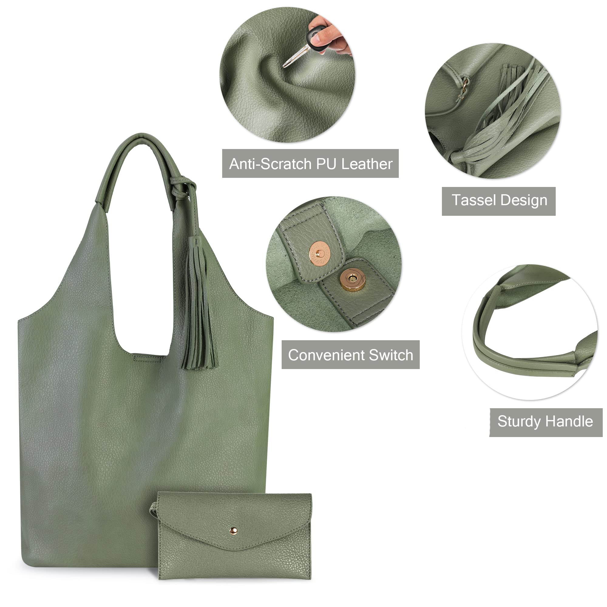 Montana West Hobo Purses and Handbags for Women Vegan Leather Shoulder Bag Top Handle Purse Set 2 pcs with Tassel MWC2-079LGN