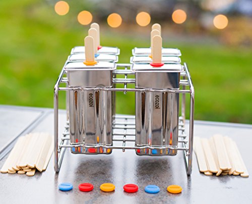 Ecozoi Stainless Steel Popsicle Molds and Rack - 6 Square Ice Pop Makers + 30 Reusable Bamboo Sticks + 12 Silicone Seals + 1 Cleaning Brush +1 Rack