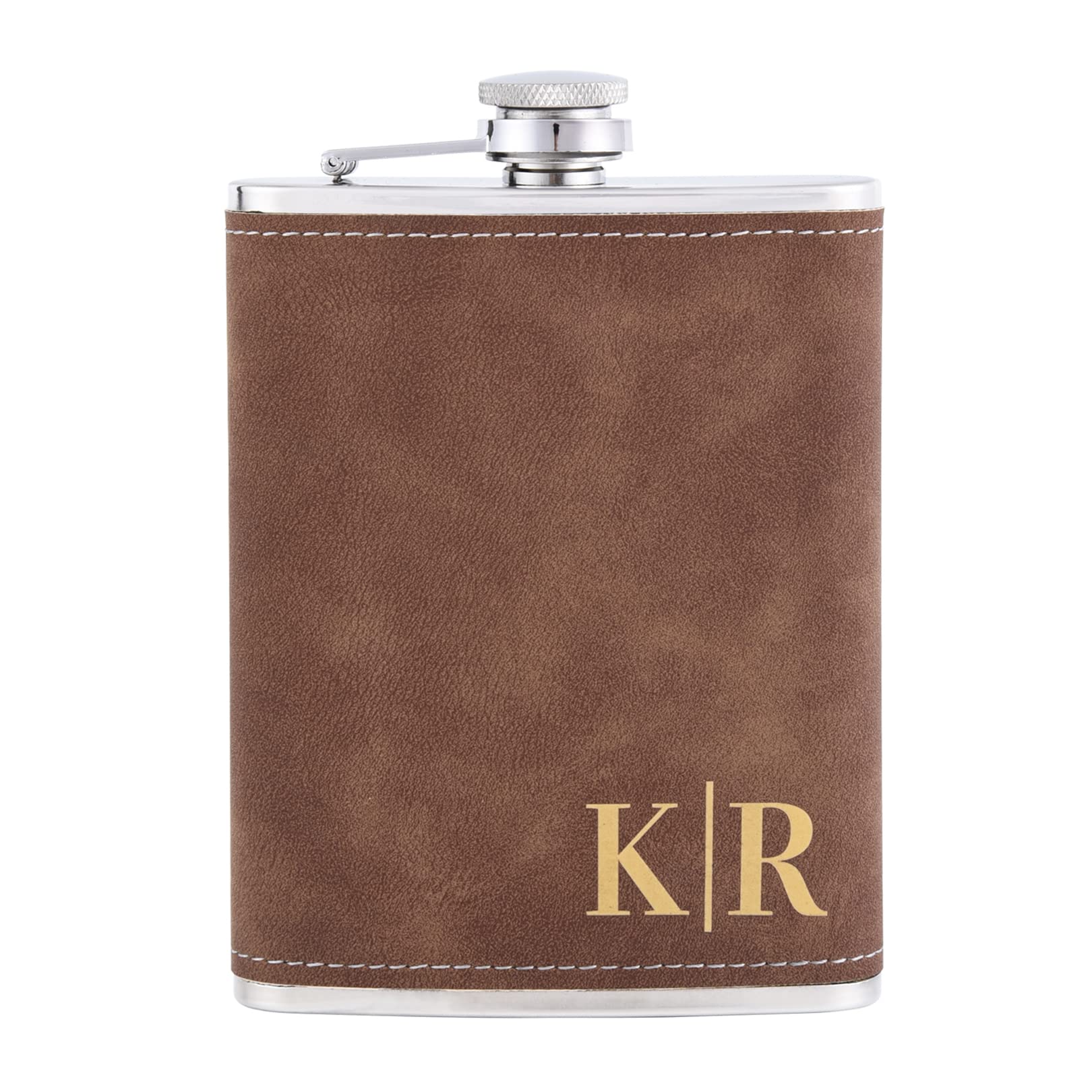 Personalized Flask Gift Set for Men with 8 Designs, 8 oz 304 Stainless Steel Engraved Hip Flasks with "Golf, Mountain, Deer, Initial" Icon, Custom Flask for Wedding Groomsmen Gifts (Brown)