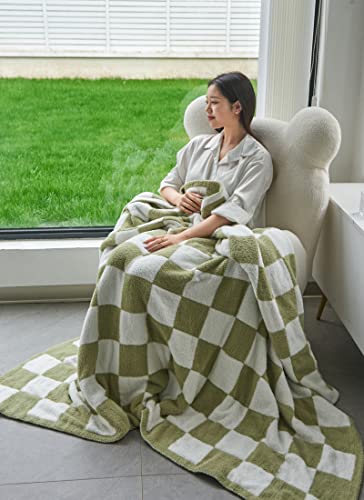 ATMOSURELY Ultra Soft Cozy Knitted Checkered Throw Blanket Microfiber Checkerboard Fluffy Blanket Sage Green Lightweight Fleece Blanket for Travel Sofa Couch 51x63 Inches (Checker Sage Green)