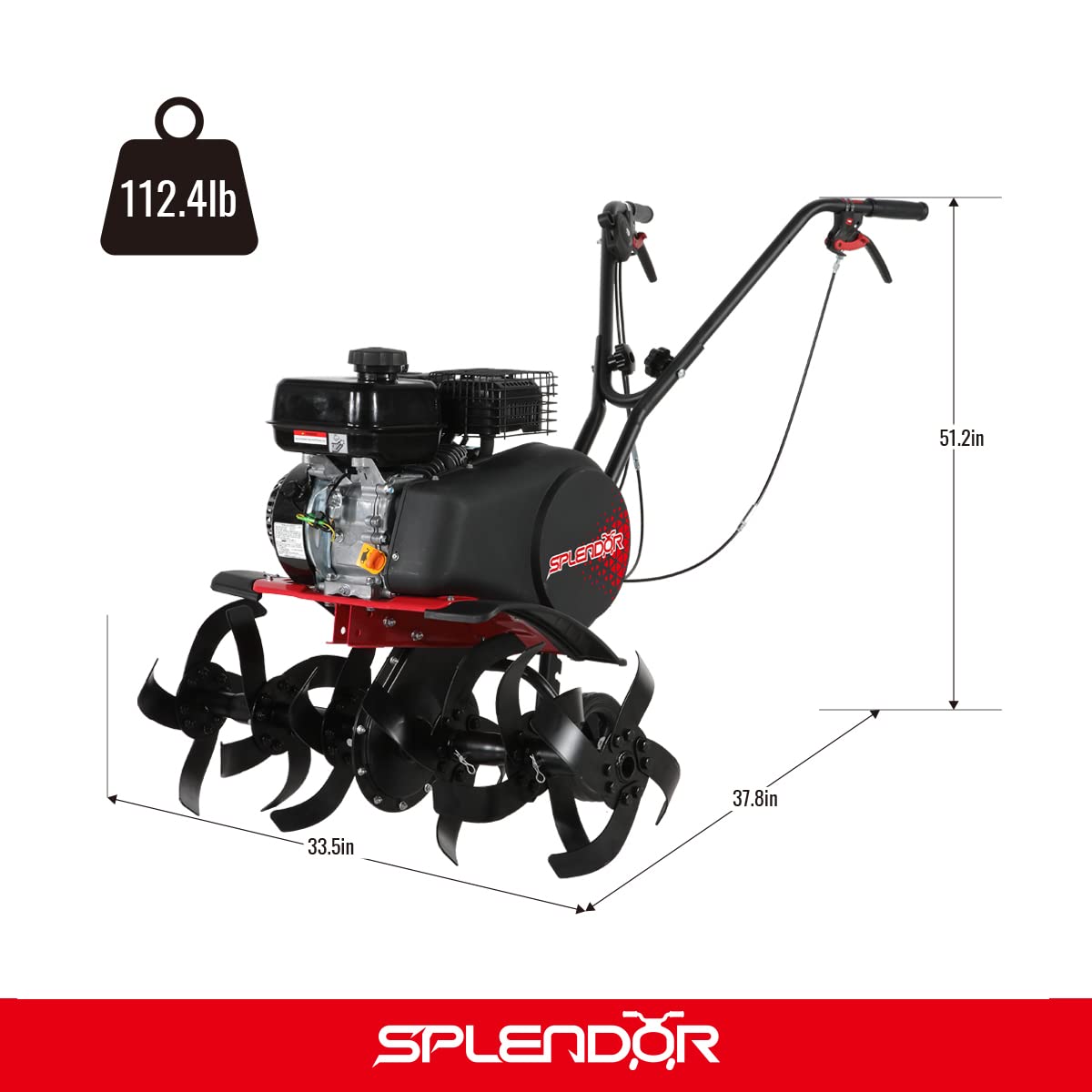 SPLENDOR Gas Powered Tiller 4 Cycle Engine 212CC Working Width Adjustable 13in-22in-33.5in