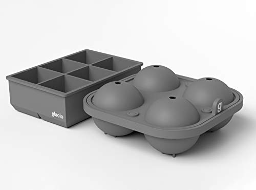 Glacio 100% Silicone Big Ice Cube Molds Combo - Giant Ice Cubes & Large Ice Sphere Mold Set - Ice Cube Molds for Cocktails and Whiskey Ice Cubes - Perfect for Craft Cocktails - Set of 2
