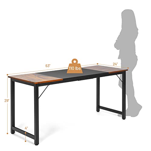 Tangkula 63 Inch Large Home Office Computer Desk, Modern Splice Study Writing Desk w/Heavy Duty Steel Frame, Spacious Conference Desk, Industrial Computer Table Workstation, Easy Assemble