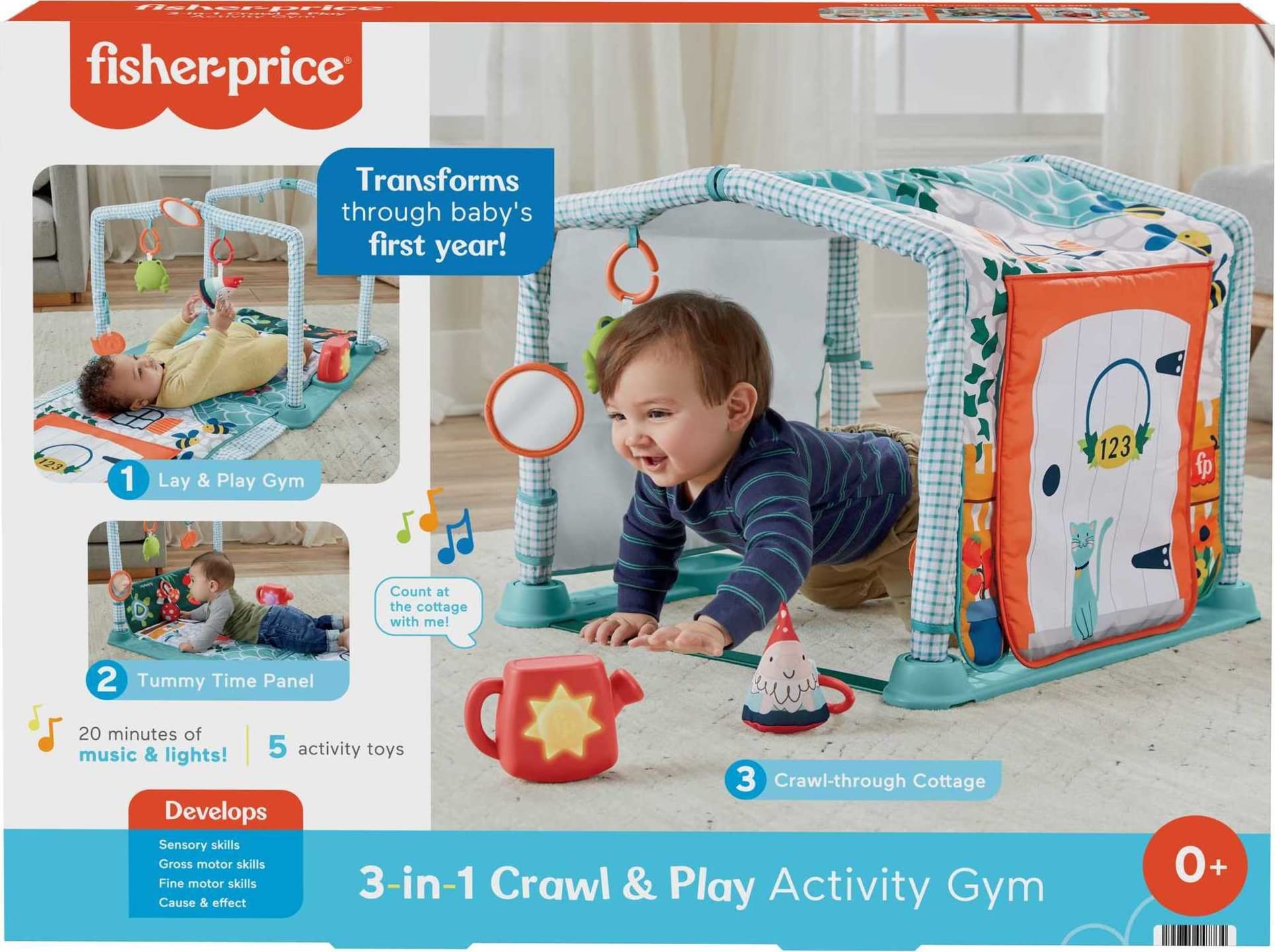 Fisher-Price Baby Playmat 3-in-1 Crawl & Play Activity Gym, Cottage Theme with Tunnel & Developmental Toys for Newborns 0+ Months