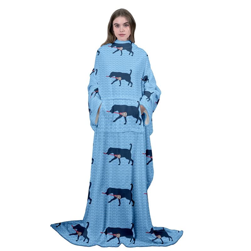 jejeloiu Lacrosse Wearable Blanket Warm Cozy, Sports Theme Dog Patttern Fleece Blanket with Sleeves for Women,Ball Games Fleece Wearable Blanket with Sleeves Pocket, 50"x50",Blue Grey