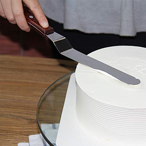 Cake Icing Spatula Set of 4 Packs(10"+8"+6"+4") and Cake Smoother Scraper Set of 3 Packs, Professional Stainless Steel Offset Spatula with Wooden Handle