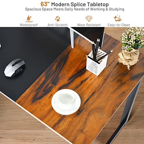 Tangkula 63 Inch Large Home Office Computer Desk, Modern Splice Study Writing Desk w/Heavy Duty Steel Frame, Spacious Conference Desk, Industrial Computer Table Workstation, Easy Assemble
