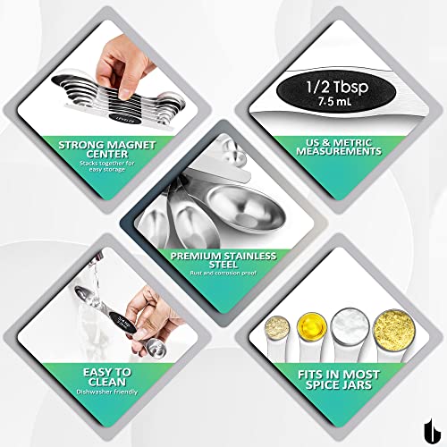 Urbanstrive Magnetic Measuring Spoons Set Stainless Steel, Dual Sided for Liquid Dry Food, Measuring Cups Spoons Set Fits in Spice Jar, Kitchen Gadgets, Cooking Utensils Set, Including Leveler, Silver