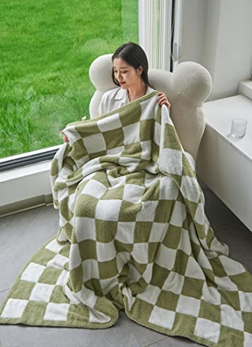 ATMOSURELY Ultra Soft Cozy Knitted Checkered Throw Blanket Microfiber Checkerboard Fluffy Blanket Sage Green Lightweight Fleece Blanket for Travel Sofa Couch 51x63 Inches (Checker Sage Green)