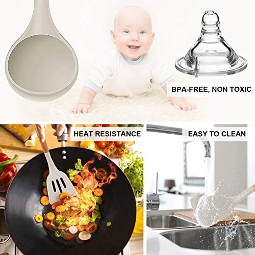 MIBOTE 17 Pcs Silicone Cooking Kitchen Utensils Set with Holder, Wooden Handles BPA Free Non Toxic Silicone Turner Tongs Spatula Spoon Kitchen Gadgets Utensil Set for Nonstick Cookware (Khaki)