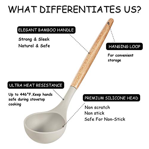 MIBOTE 17 Pcs Silicone Cooking Kitchen Utensils Set with Holder, Wooden Handles BPA Free Non Toxic Silicone Turner Tongs Spatula Spoon Kitchen Gadgets Utensil Set for Nonstick Cookware (Khaki)