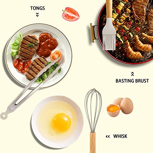 MIBOTE 17 Pcs Silicone Cooking Kitchen Utensils Set with Holder, Wooden Handles BPA Free Non Toxic Silicone Turner Tongs Spatula Spoon Kitchen Gadgets Utensil Set for Nonstick Cookware (Khaki)