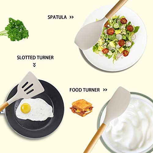 MIBOTE 17 Pcs Silicone Cooking Kitchen Utensils Set with Holder, Wooden Handles BPA Free Non Toxic Silicone Turner Tongs Spatula Spoon Kitchen Gadgets Utensil Set for Nonstick Cookware (Khaki)