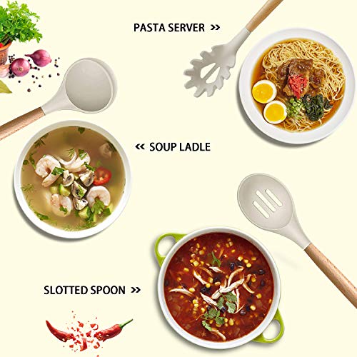 MIBOTE 17 Pcs Silicone Cooking Kitchen Utensils Set with Holder, Wooden Handles BPA Free Non Toxic Silicone Turner Tongs Spatula Spoon Kitchen Gadgets Utensil Set for Nonstick Cookware (Khaki)