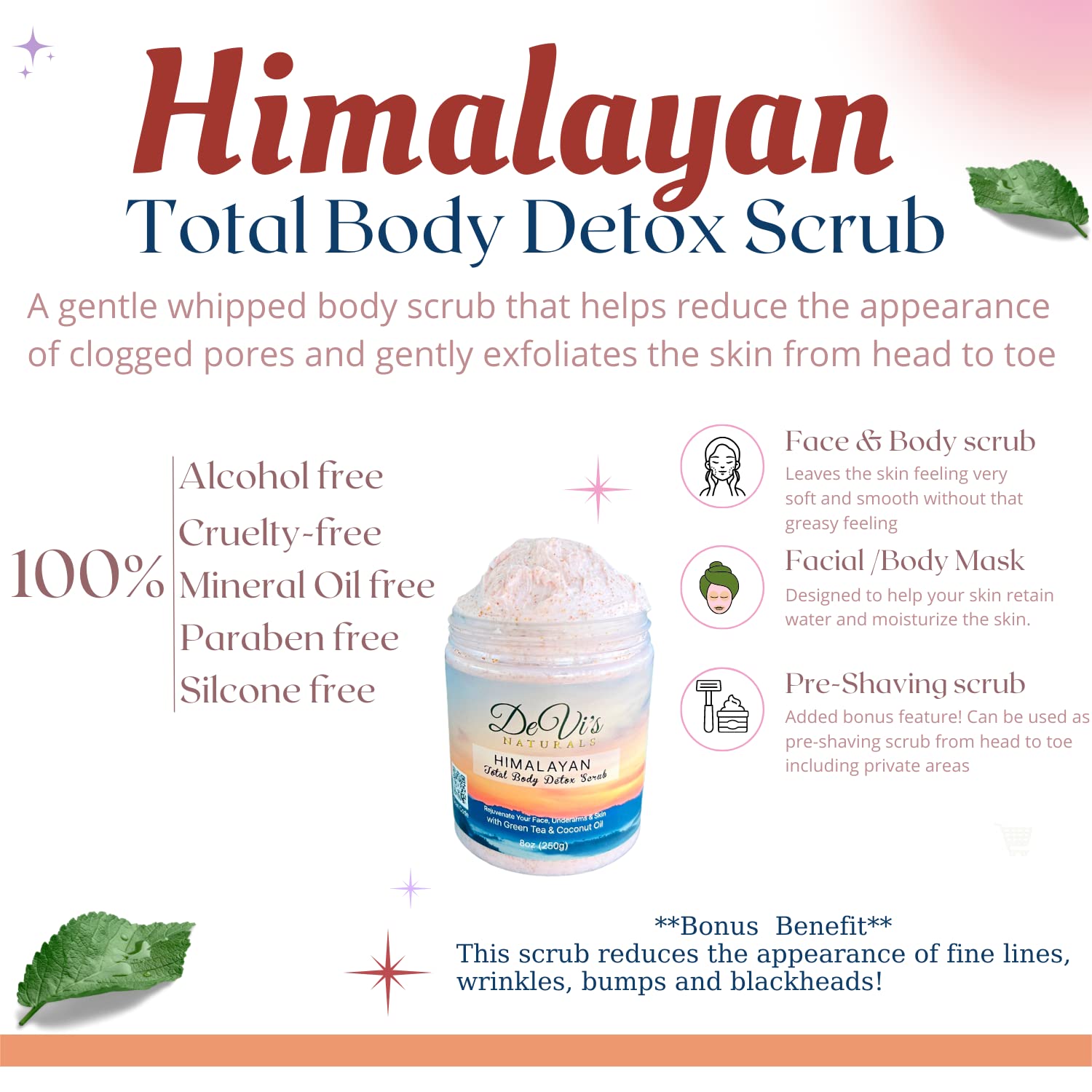 DeVi's Naturals Himalayan Body Exfoliating Scrub, Whipped Foaming Scrub, Reduce Razor Bumps and Strawberry Legs, Fade Dark Spots and Scars, Gentle Underarm Detox Scrub For Body Odor, Self Care Gift