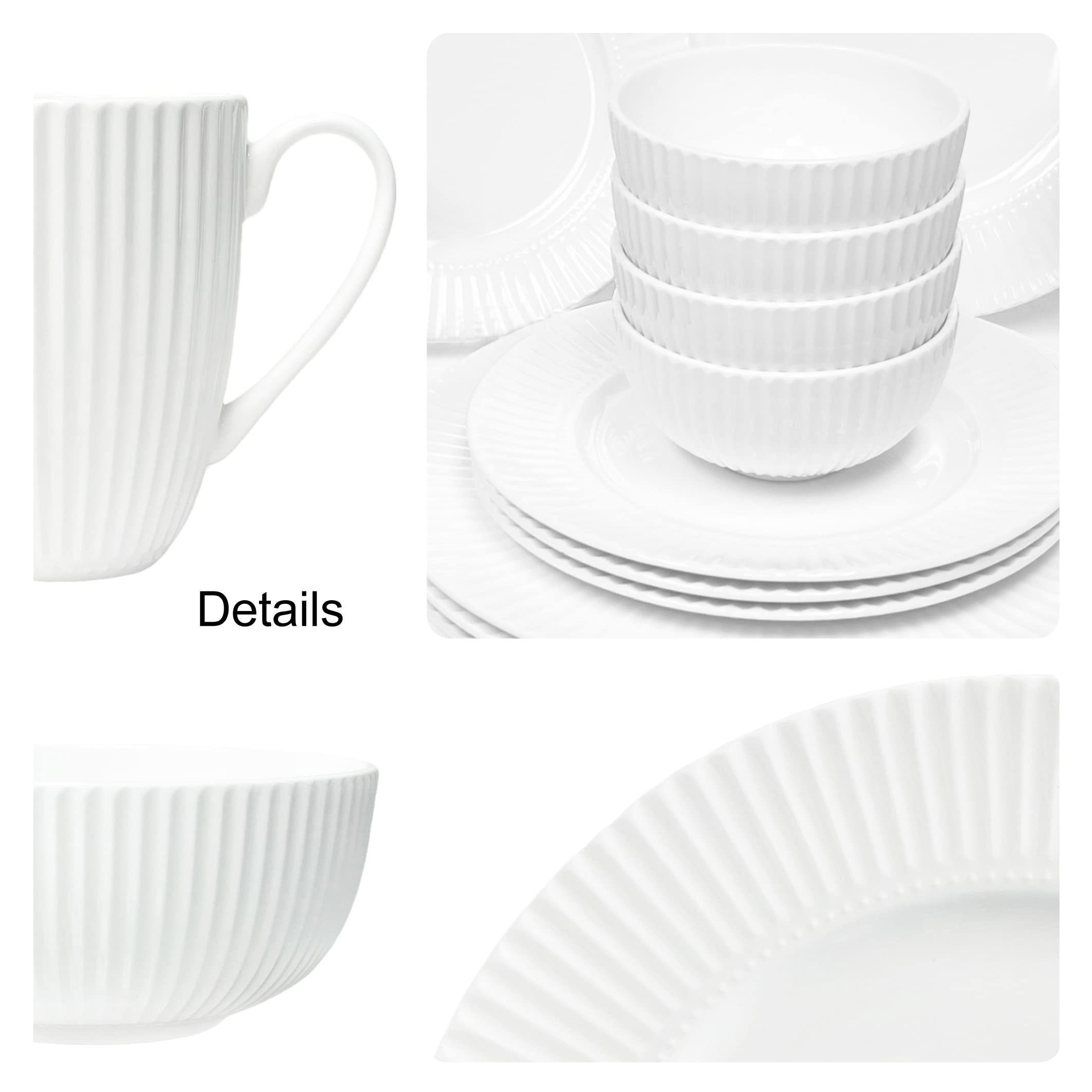 Bone China 20 Piece Dinnerware Set Dishes, Service for 4, White Embossed stripe, Microwave Safe, Chip Resistant, Kitchen Set, Essential Home, Formal, Everyday Living, Translucent, Elegant giftware