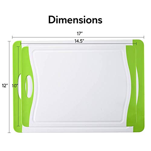 Neoflam 2pc Antibacterial Plastic Cutting Board Microban Protection, Stain & Odor, Extra Large, BPA Free, Juice Groove, Non Slip, Dishwasher Safe, Easy Grip Handle, Set, White Green