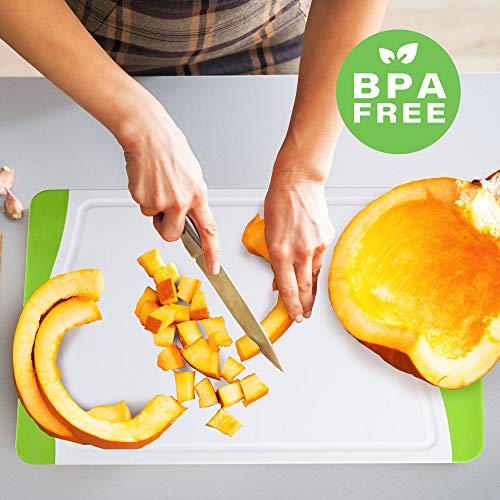 Neoflam 2pc Antibacterial Plastic Cutting Board Microban Protection, Stain & Odor, Extra Large, BPA Free, Juice Groove, Non Slip, Dishwasher Safe, Easy Grip Handle, Set, White Green