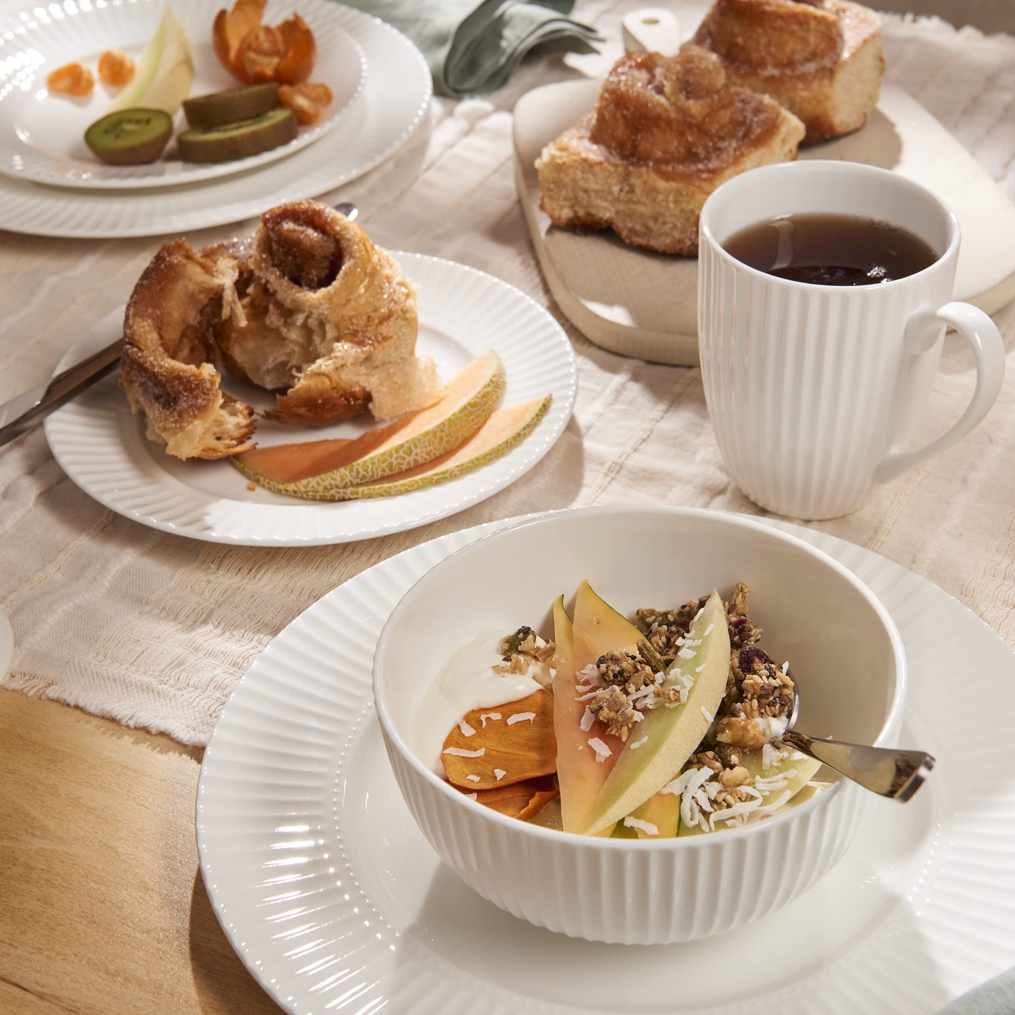Bone China 20 Piece Dinnerware Set Dishes, Service for 4, White Embossed stripe, Microwave Safe, Chip Resistant, Kitchen Set, Essential Home, Formal, Everyday Living, Translucent, Elegant giftware
