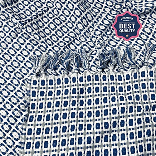 Acrylic Knitted Throw Blanket, Woven Blanket with Tassels Wave Textured Lightweight and Soft Cozy Decorative Blanket Throws for Travel, Couch, Bed, Sofa, 51"x63", Blue