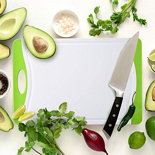 Neoflam 2pc Antibacterial Plastic Cutting Board Microban Protection, Stain & Odor, Extra Large, BPA Free, Juice Groove, Non Slip, Dishwasher Safe, Easy Grip Handle, Set, White Green