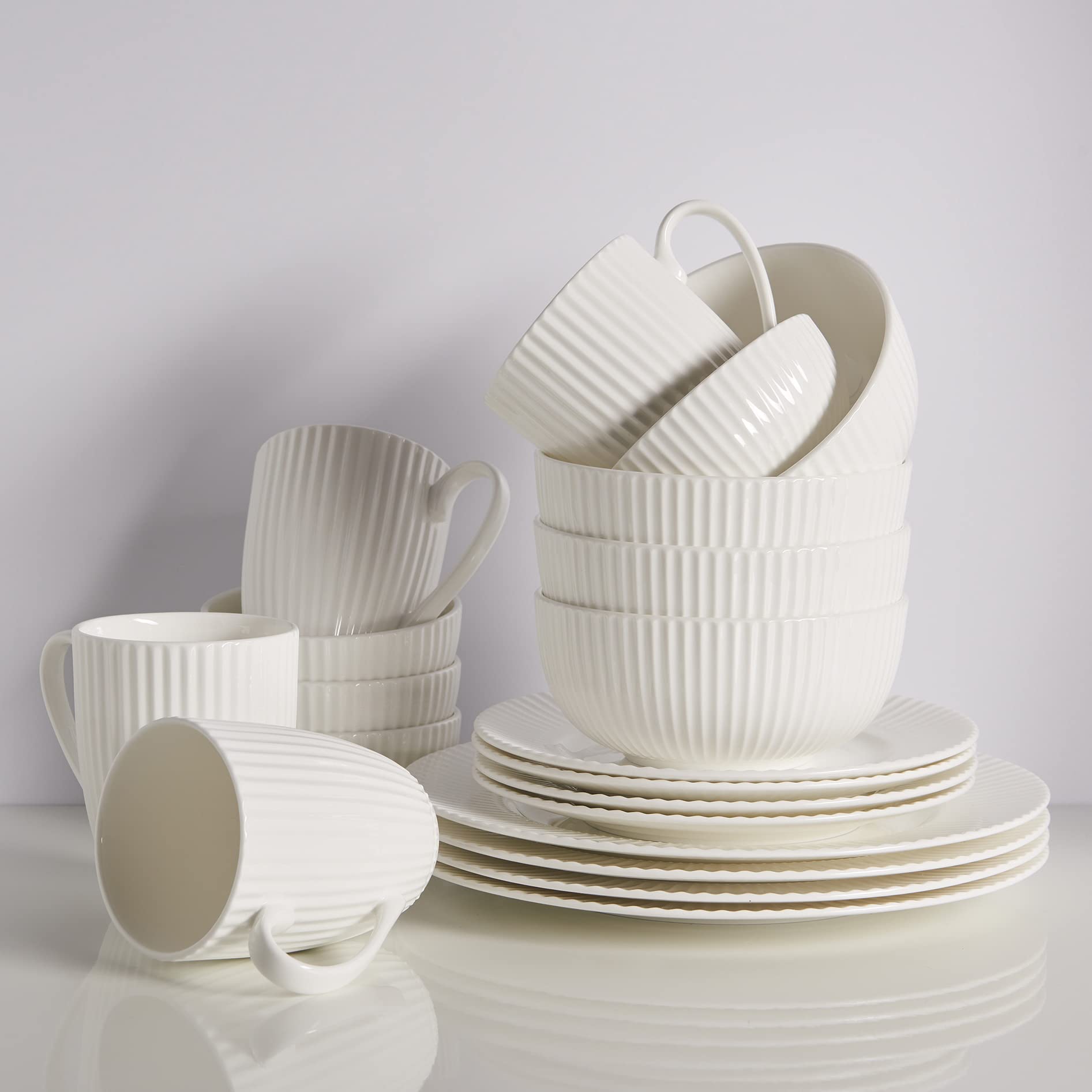 Bone China 20 Piece Dinnerware Set Dishes, Service for 4, White Embossed stripe, Microwave Safe, Chip Resistant, Kitchen Set, Essential Home, Formal, Everyday Living, Translucent, Elegant giftware