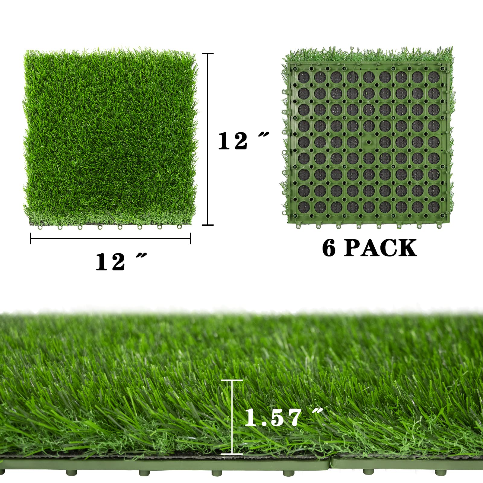 CJNLON 12"x12" Artificial Grass Tiles, 6 Packs Self-draining Fake Grass Turf Tiles Set for Flooring Decor, Dog Pads Indoor Outdoor 1.57'' in Pile Height