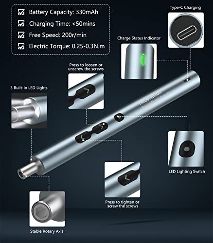 Housolution Mini Electric Screwdriver, 62 In 1 Magnetic Screwdriver with 48PCs Bits Small Cordless Electric Screwdriver Kit With Led Light, Handy Repair Tool for Phone Watch Camera Laptop, Gray
