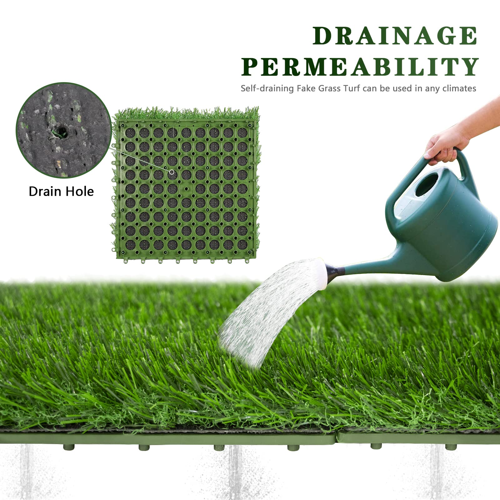 CJNLON 12"x12" Artificial Grass Tiles, 6 Packs Self-draining Fake Grass Turf Tiles Set for Flooring Decor, Dog Pads Indoor Outdoor 1.57'' in Pile Height