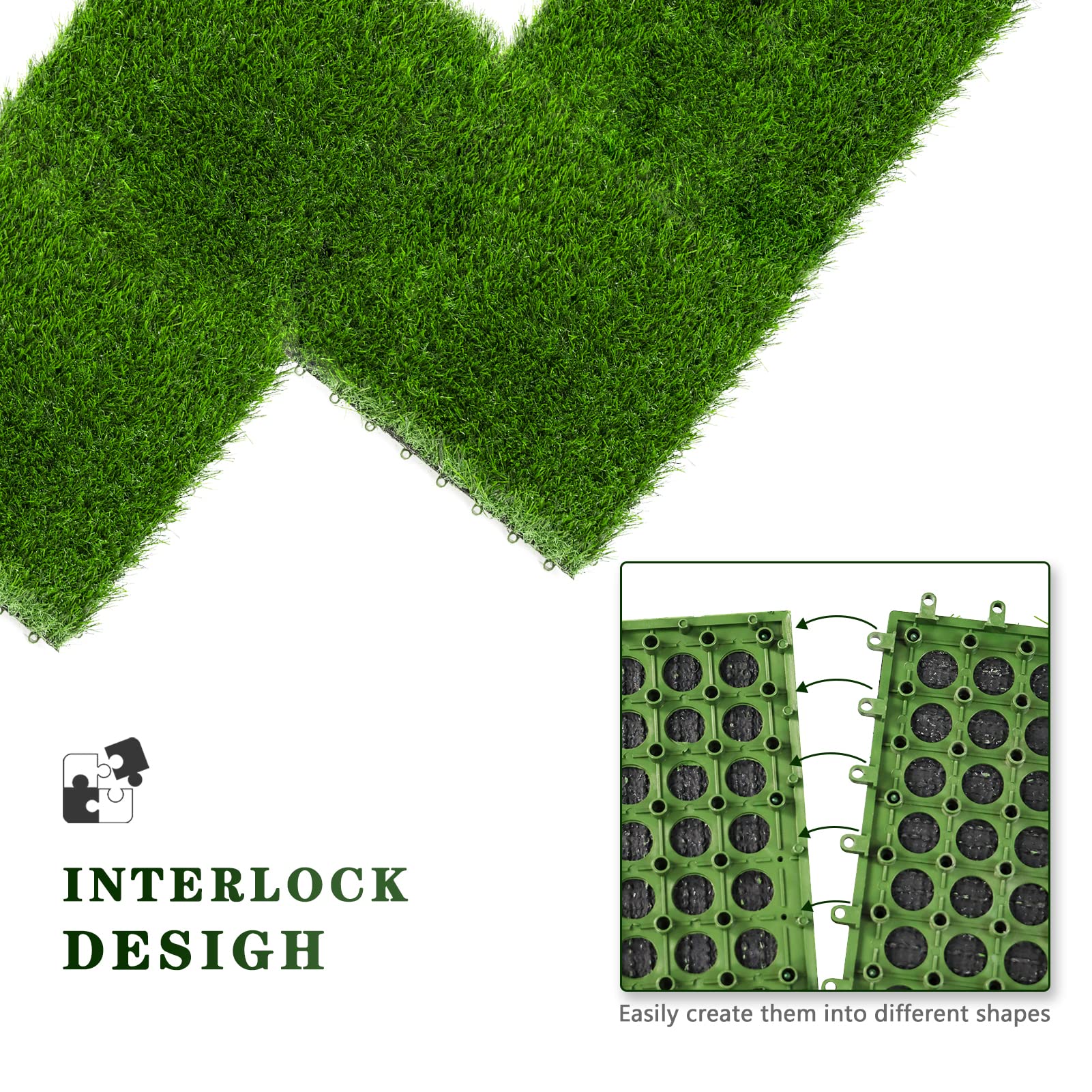 CJNLON 12"x12" Artificial Grass Tiles, 6 Packs Self-draining Fake Grass Turf Tiles Set for Flooring Decor, Dog Pads Indoor Outdoor 1.57'' in Pile Height