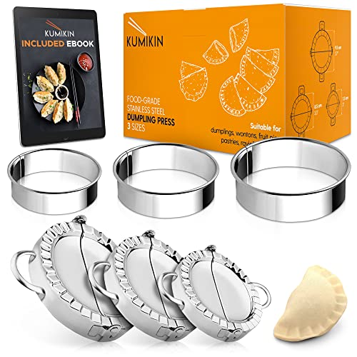 KUMIKIN Dumpling Maker โ Empanada Maker Press Set of 3 โ Food-Grade Stainless Steel Dumpling Press in 3 Sizes โ Pierogi Maker with Included Recipe eBook โ Easy to Use and Multifunctional