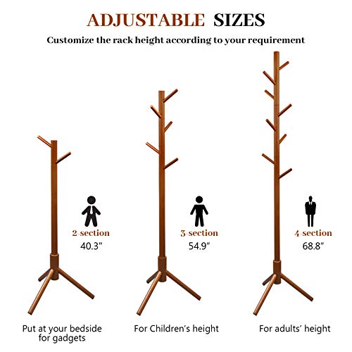 DADILL Wooden Tree Coat Rack with 3 Adjustable Sizes, 8 Hooks, Easy Assembly Free Standing Solid Coat Hanger Stand for Clothes, Garment, Hats, Umbrellas, Scarves in Hallway, Entryway, Dark Walnut