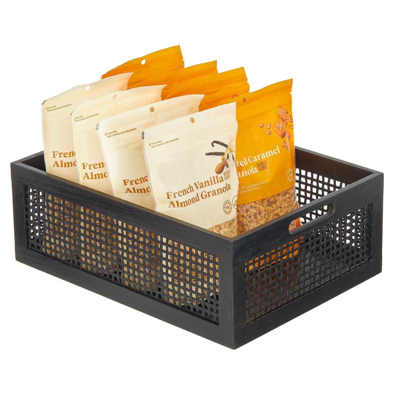 mDesign Large Decorative Wooden Crate Storage Box, Rustic Pine Wood Organizer Bin Basket w/Built-In Handles for Kitchen Pantry, Cupboard, Cabinet, Counter, Home Sort Collection - Black Pine