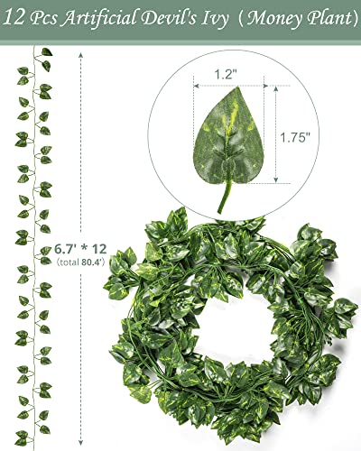 JACKYLED 80Ft 12 Pack Artificial Devil's Ivy Garland with 80 LED String Light, Fake Pothos Plant Vines,Houseplants, Hanging Plant Vines for Bedroom Garden Party Wall Decor