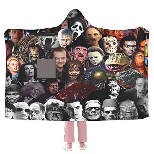 Horror Movie Wearable Hoodie Blanket, Halloween Movie Throw Flannel Fleece Blanket for Bedding Couch Sofa Living Room Throws Home Decoration 80"X60"