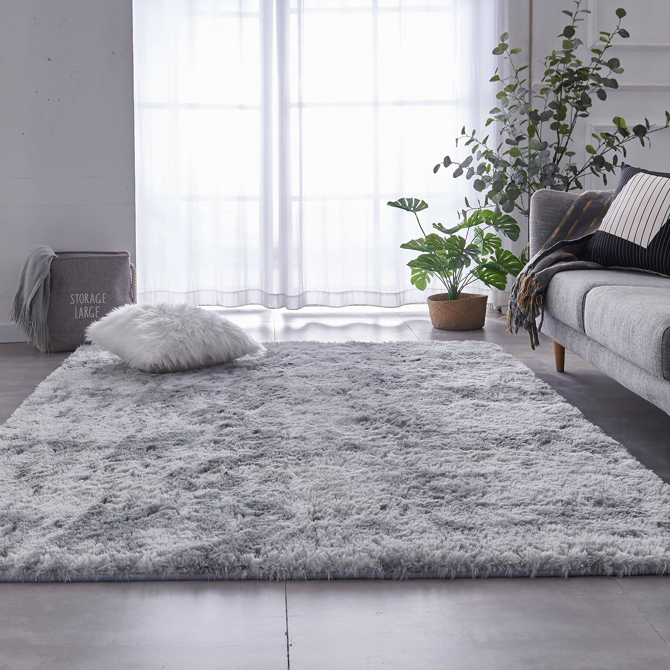 TABAYON Luxury Shag Area Rug, 3x5 Feet Tie Dyed Light Grey Rectangle Plush Fuzzy Rugs, Non-Slip Shaggy Furry Carpets for Bedroom