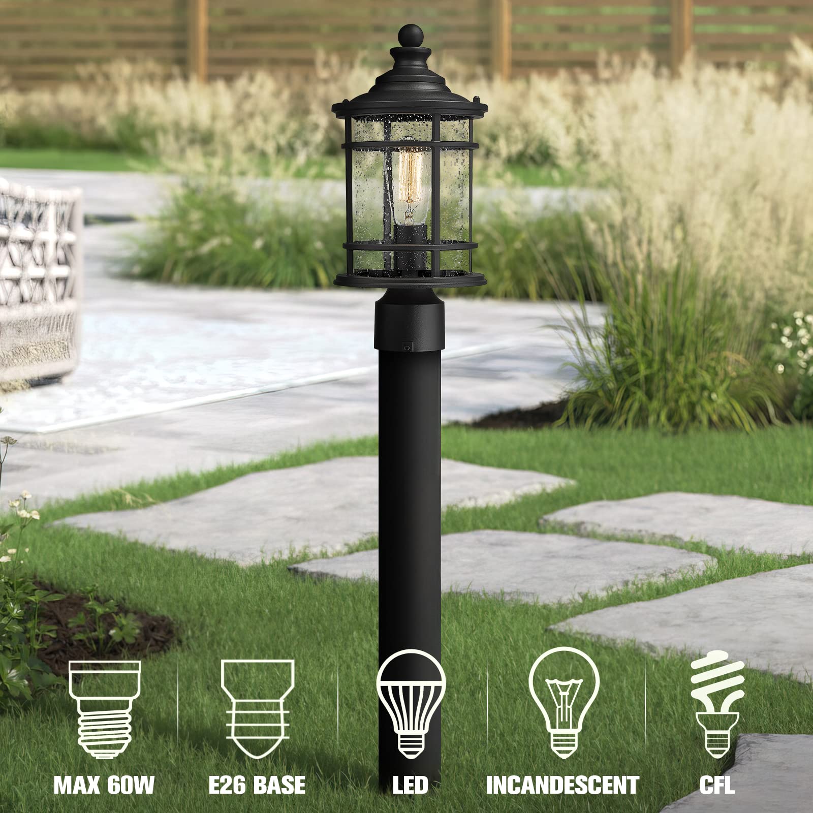 Emliviar Outdoor Post Light Fixtures, 15 Inch Farmhouse Modern Lamp Post Lighting for Outside, Black Finish with Seeded Glass, XE229P BK