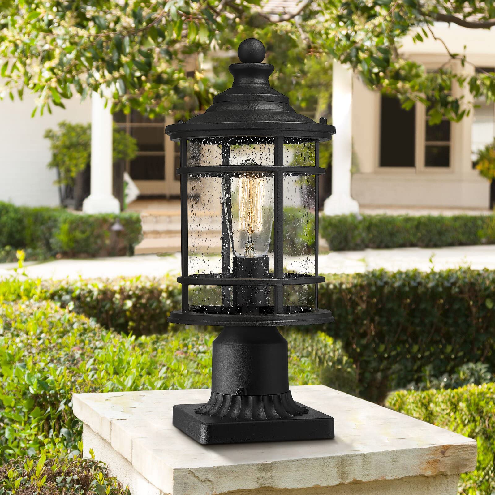 Emliviar Outdoor Post Light Fixtures, 15 Inch Farmhouse Modern Lamp Post Lighting for Outside, Black Finish with Seeded Glass, XE229P BK