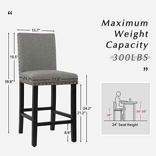 DAGONHIL 24 inch Bar Stools Set of 4, Counter Height Bar Stools with Backs, Nail Head Barstools with Wood Legs, Upholstered Kitchen Island Chairs, Gray