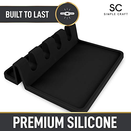 Simple Craft Silicone Utensil Rest with Drip Pad for Multiple Utensils - Heat-Resistant, Spoon Rest & Spoon Holder for Stove Top, Kitchen Utensil Holder for Spoons, Ladles, Tongs (Black)