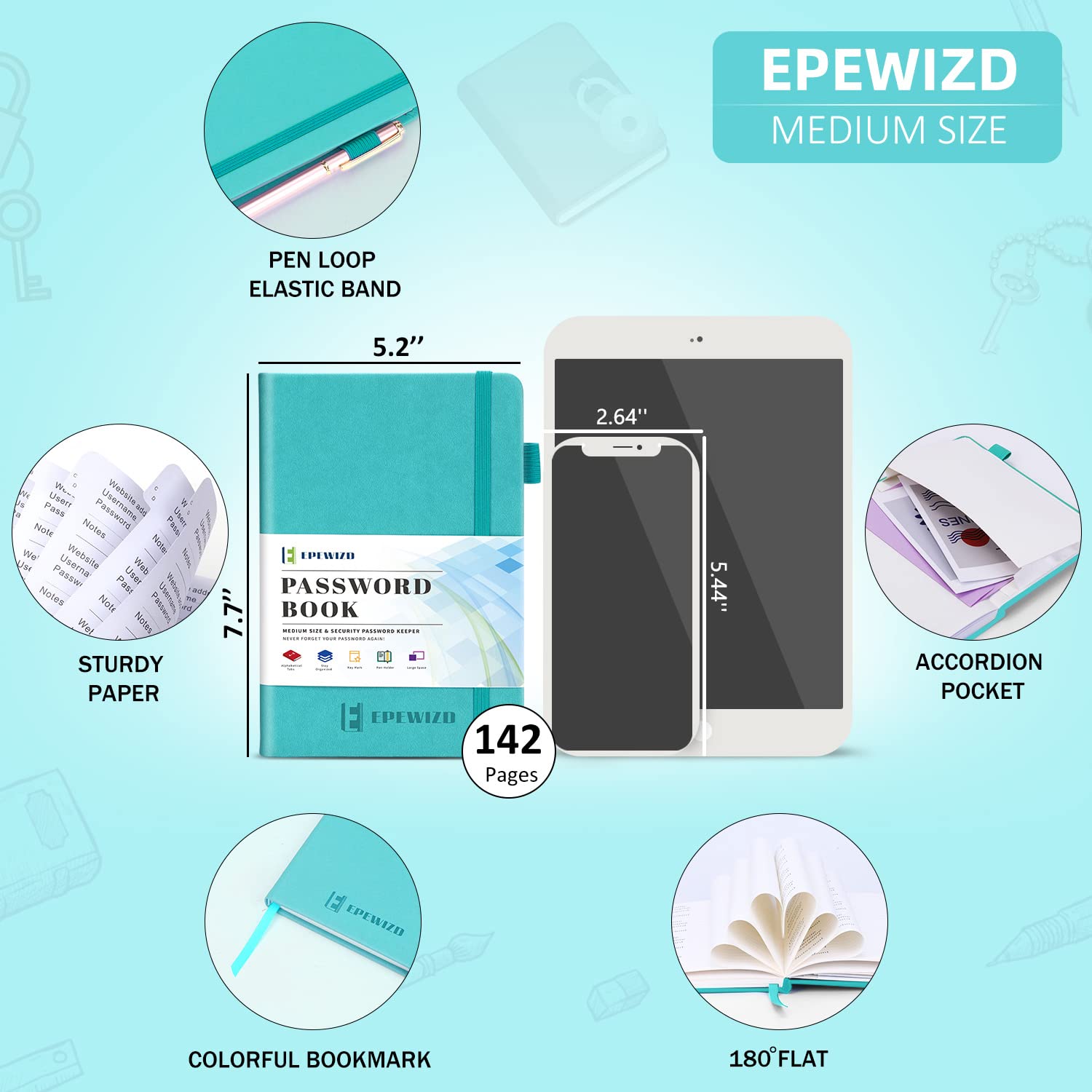 EPEWIZD Password Book with Alphabetical Tabs Hardcover Medium Size Password Book for Website Username Internet login Computer Address Password Organizer Keeper Logbook-Turquoise